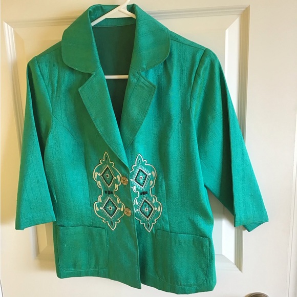 Jackets & Coats | Tailored Green Silk Jacket With Black Accents | Poshmark